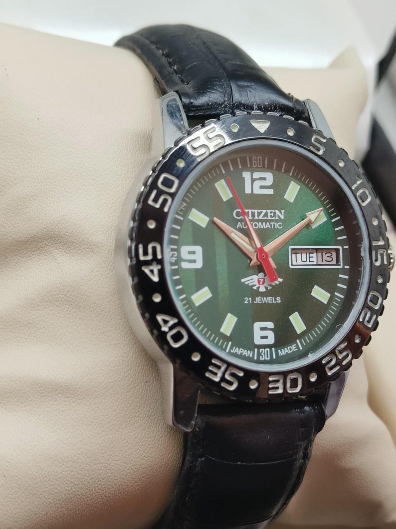 Vintage Citizen Automatic Watch: Green Dial, Stainless Steel, Day/date ...