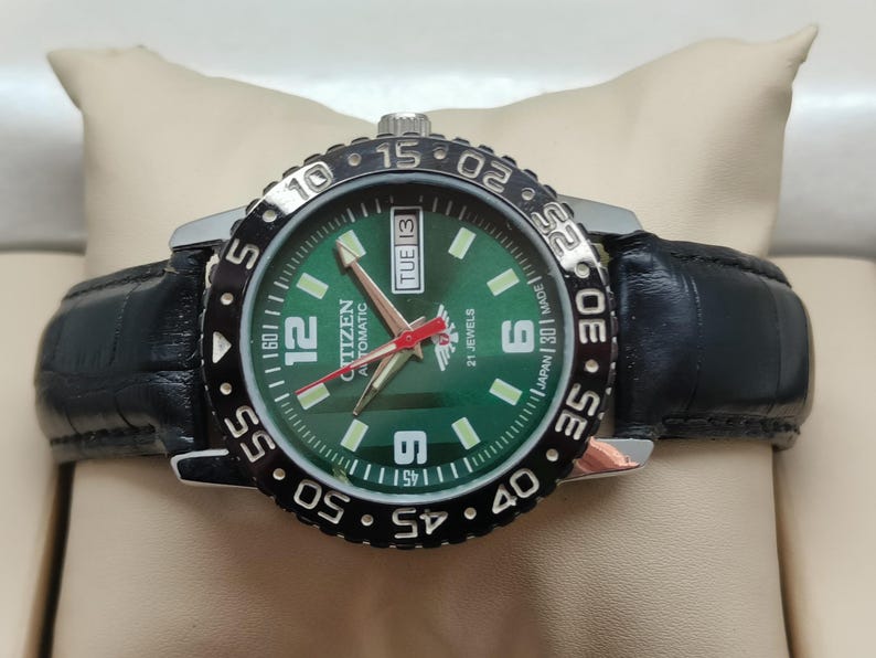Vintage Citizen Automatic Watch: Green Dial, Stainless Steel, Day/date ...