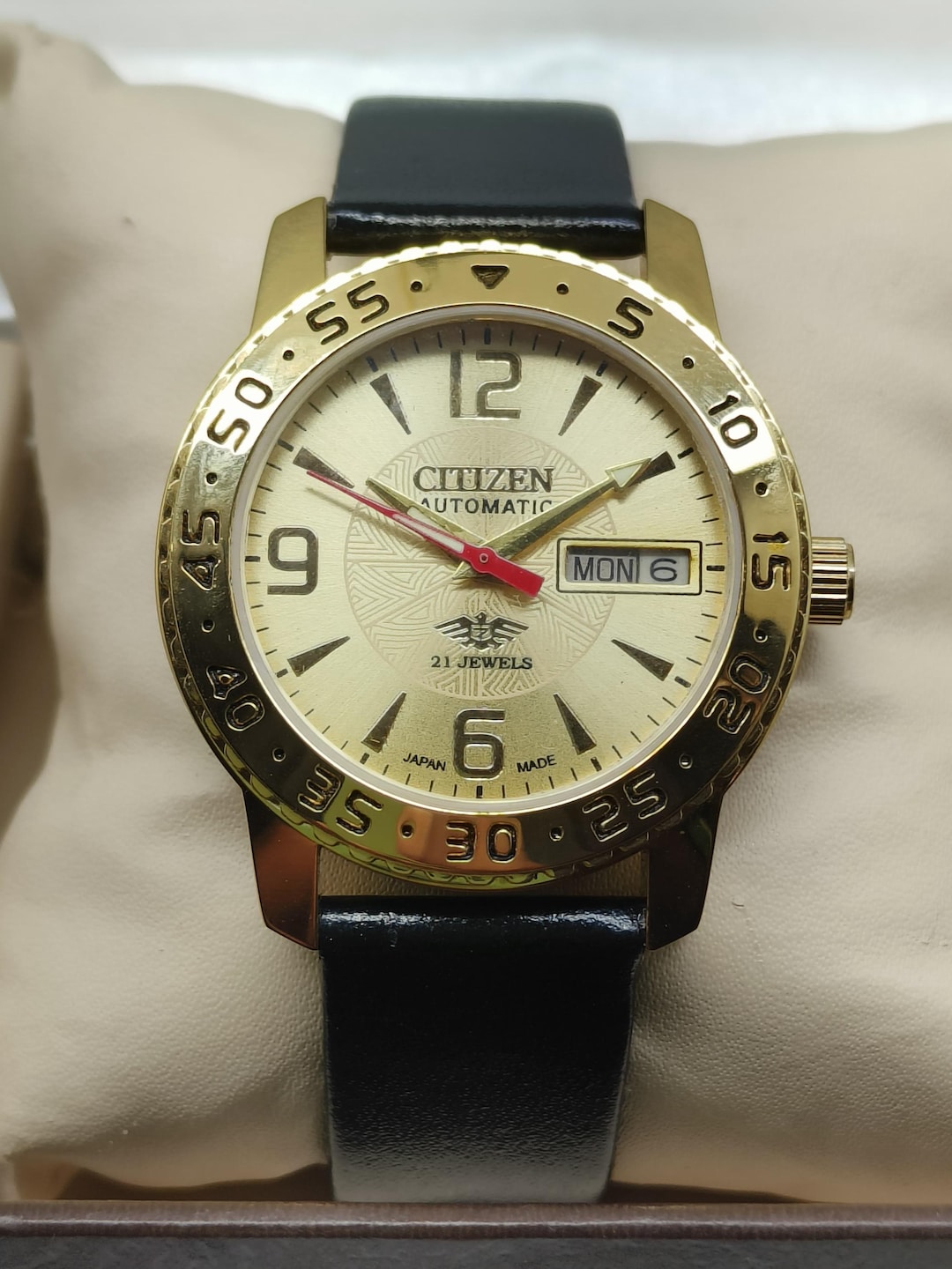 Vintage Citizen Automatic Watch: Gold Dial, Black Leather Strap - Etsy