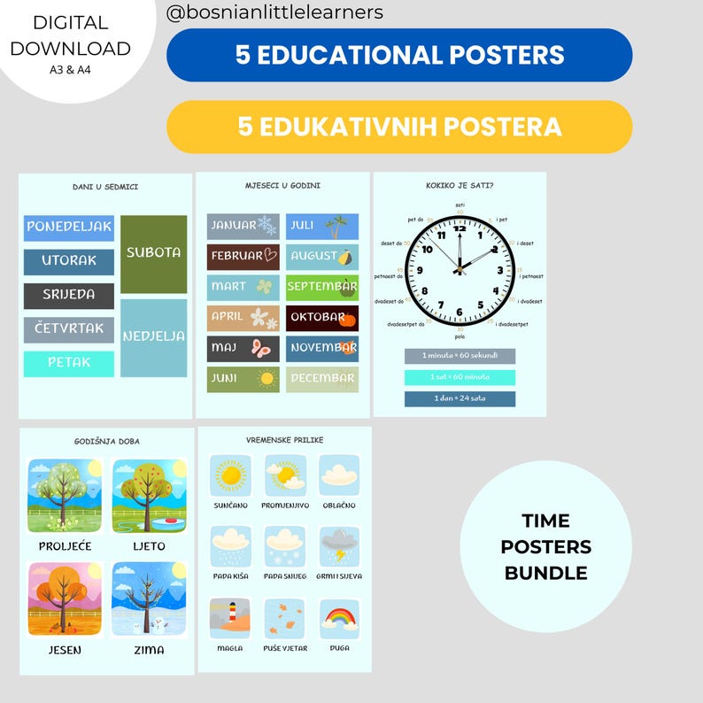 Bosnian Time Posters for Boys | 5 Blue A3 & A4 Printables | Days ...