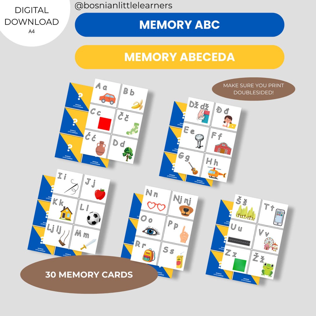 Bosnian Alphabet Memory Game | Printable PDF | 30 Cards | Match Letters ...