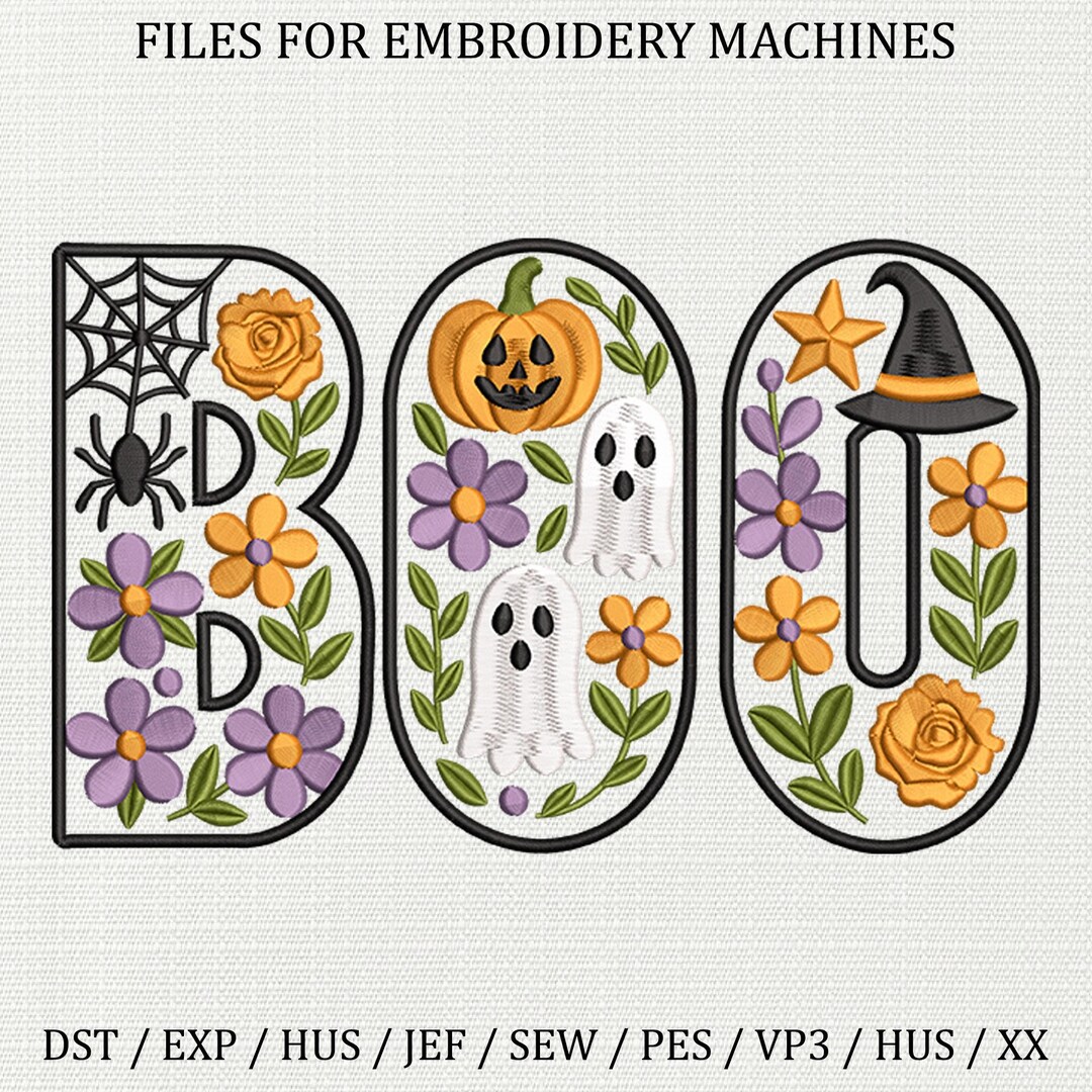 BOO Floral Embroidery Design, Halloween Fall Boo Machine Embroidery ...