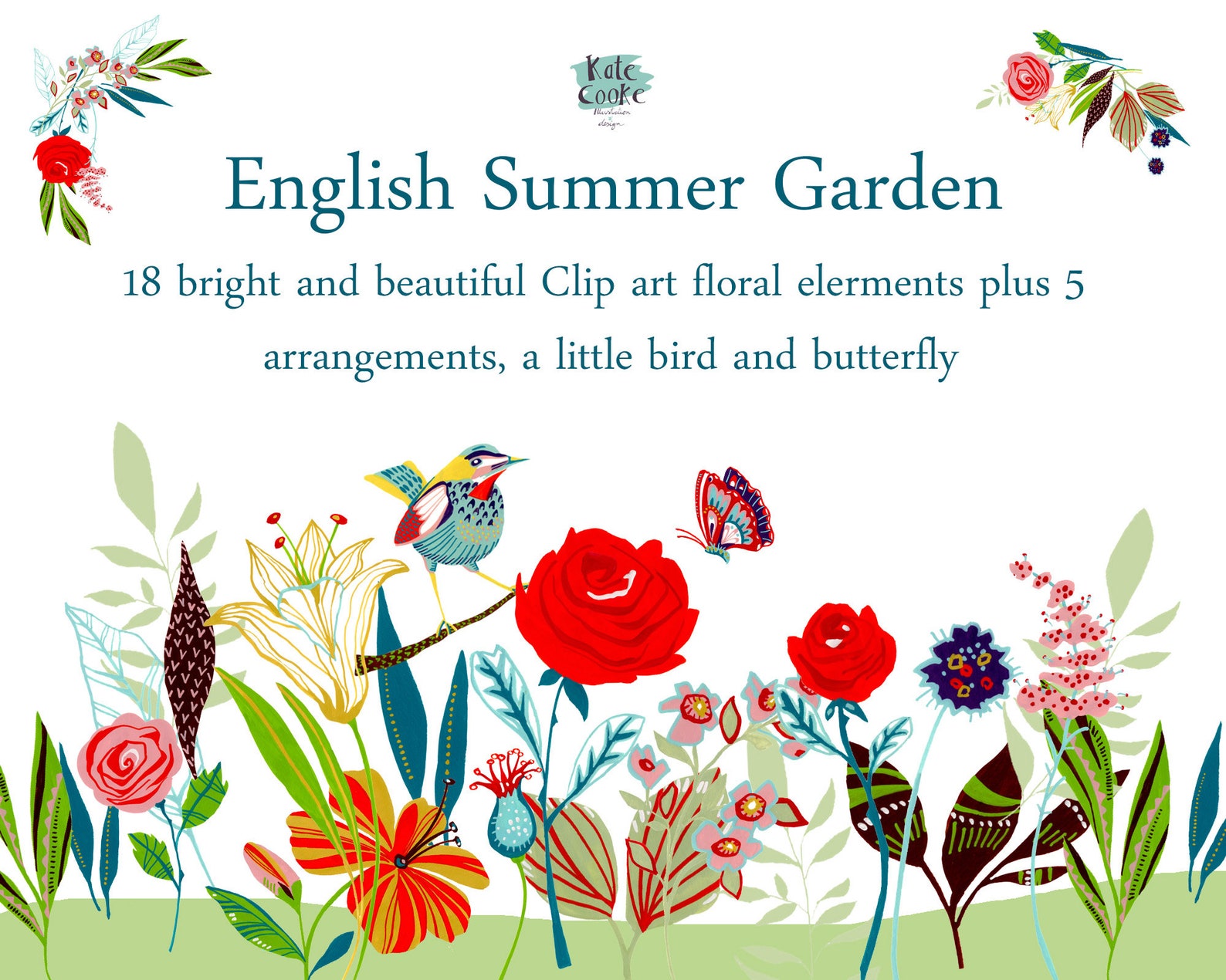 Hand Painted Original English Summer Flowers Clip Art/ Graphic Elements ...