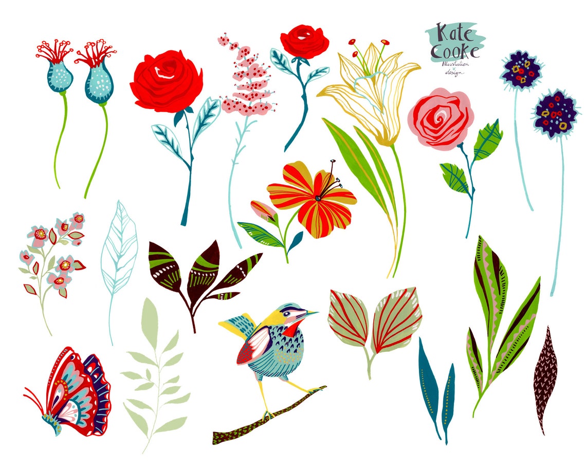 Hand Painted Original English Summer Flowers Clip Art/ Graphic ...