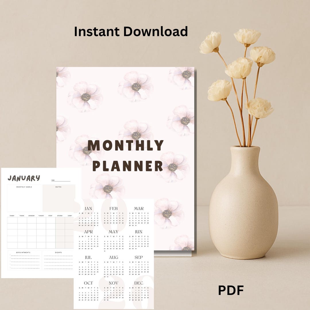 Floral Monthly Planner Printable | Undated Minimalist Calendar (PDF) - Etsy