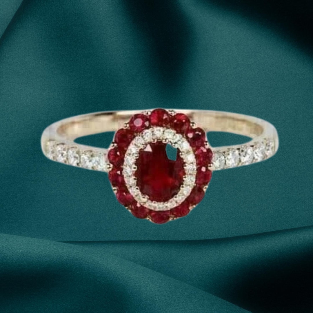 Oval Cut Lab Red Ruby Engagement Ring 14K Gold Plated Halo Rings for ...