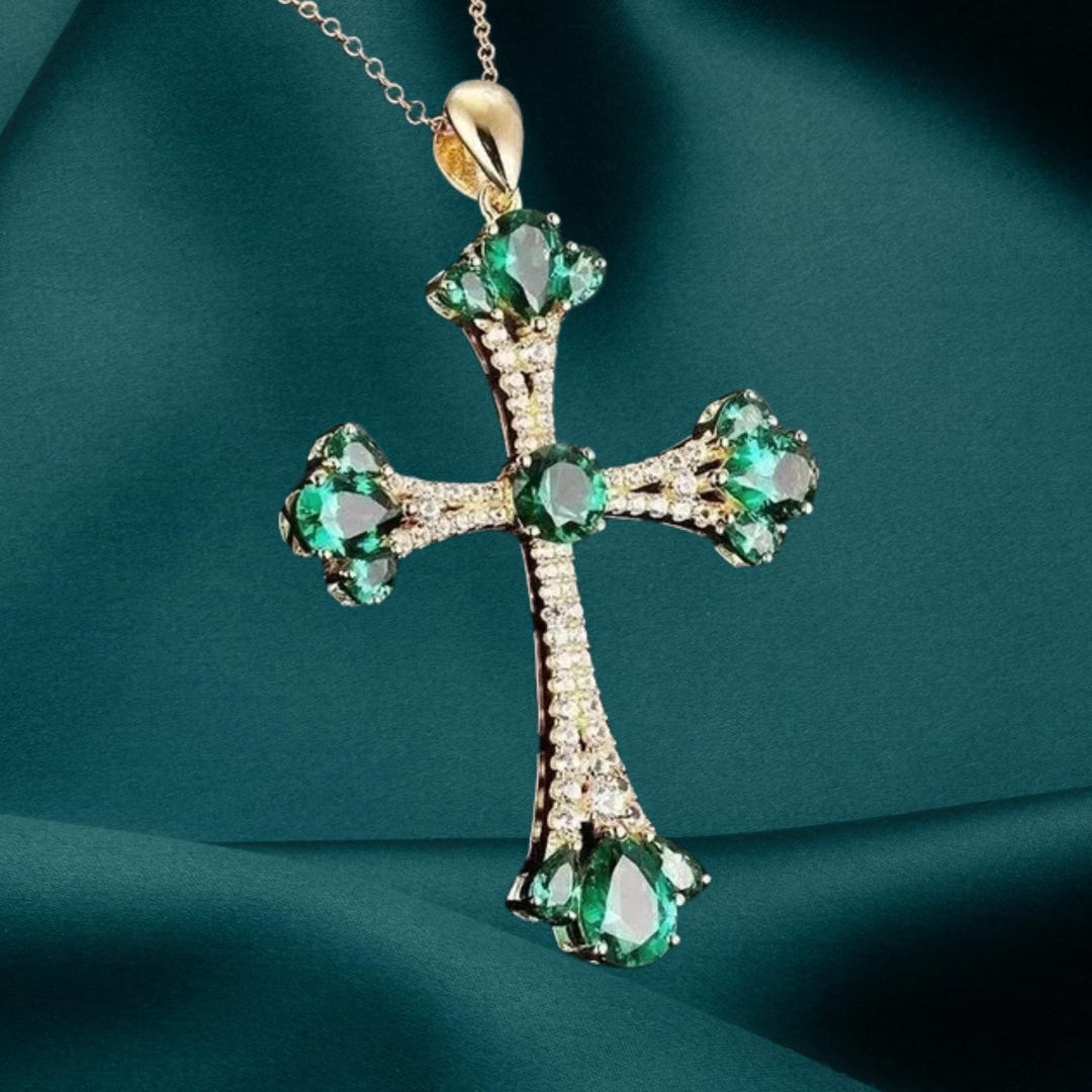 925 Sterling Silver Green Emerald Cross Pendant, Round Green Diamond ...