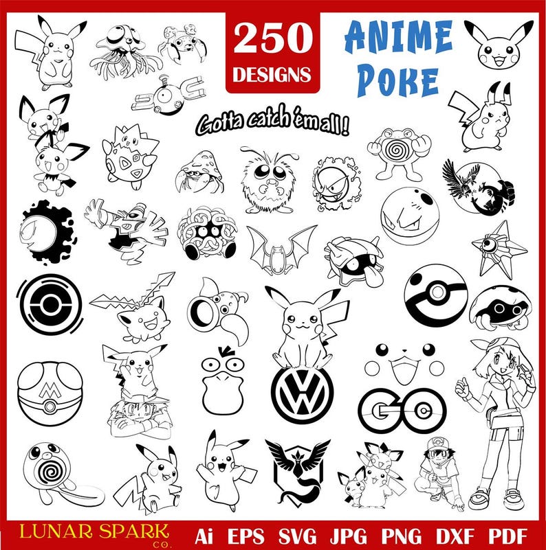 250 Poke Anime SVG Bundle, Anime Character SVG, Pika Svg, Chibi Anime ...