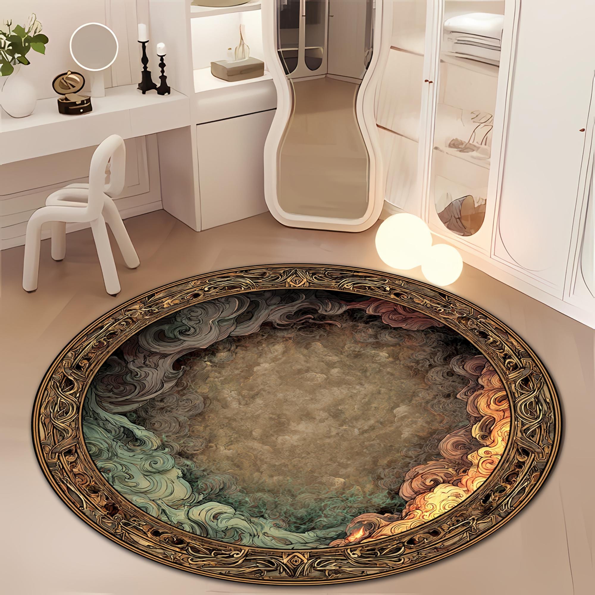 Mystic Round Rug, Fantasy Cloud Pattern Circle Carpet With Ornate Gold ...