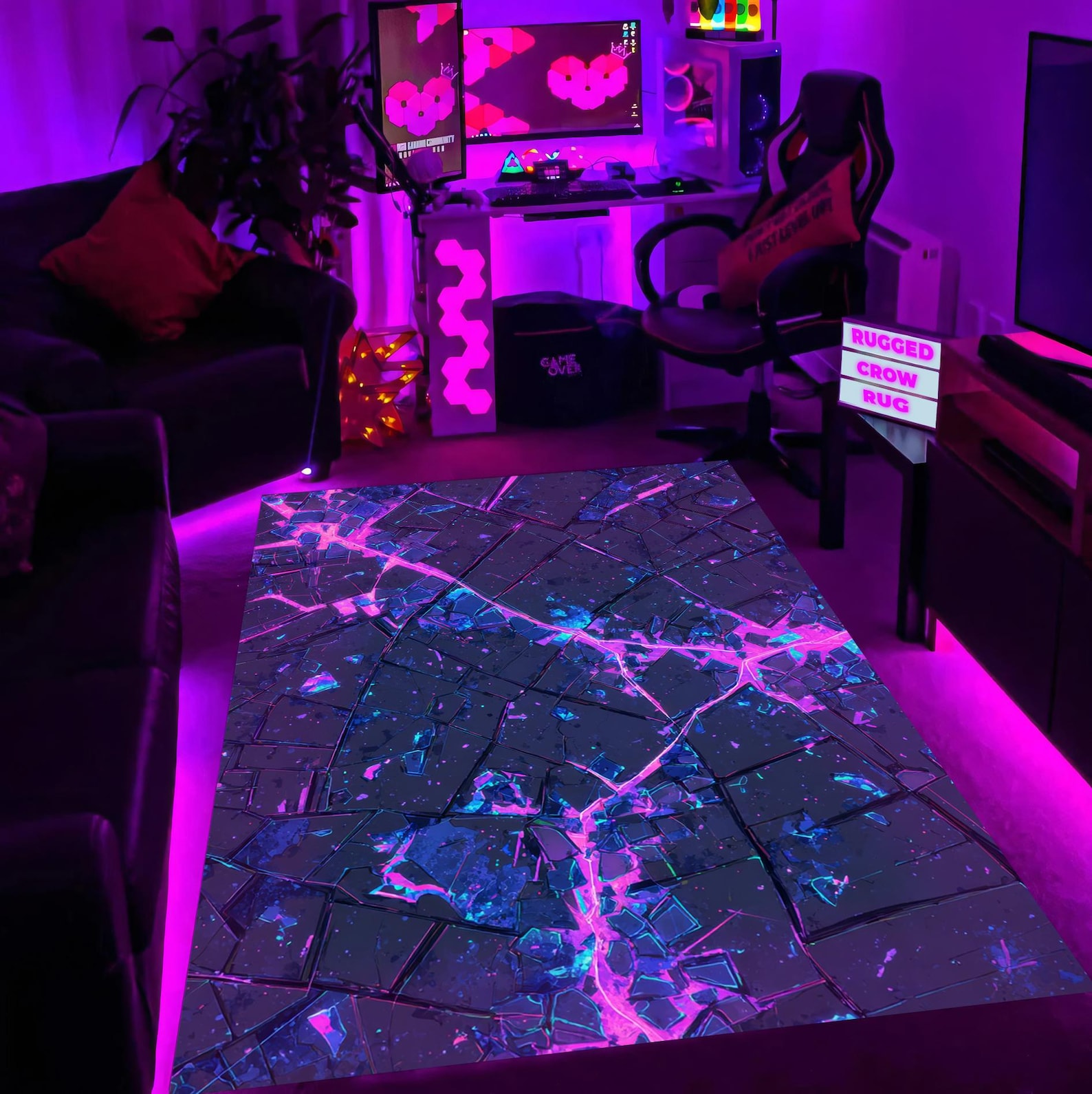 Cyberpunk Gaming Rug With Neon Purple and Electric Blue Crackle Design ...