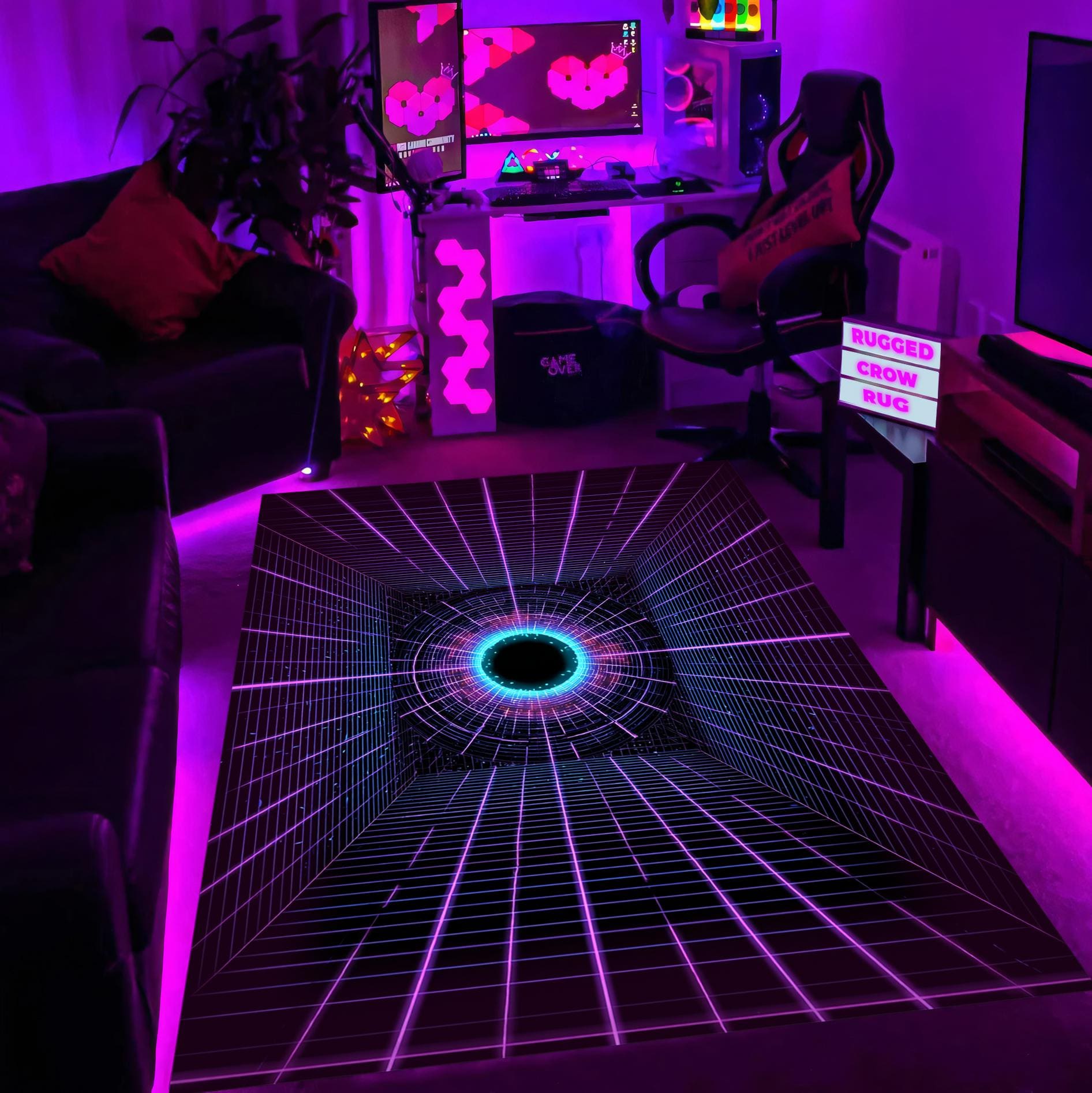 3D Optical Illusion Gaming Rug – Futuristic Grid Vortex Carpet for RGB ...