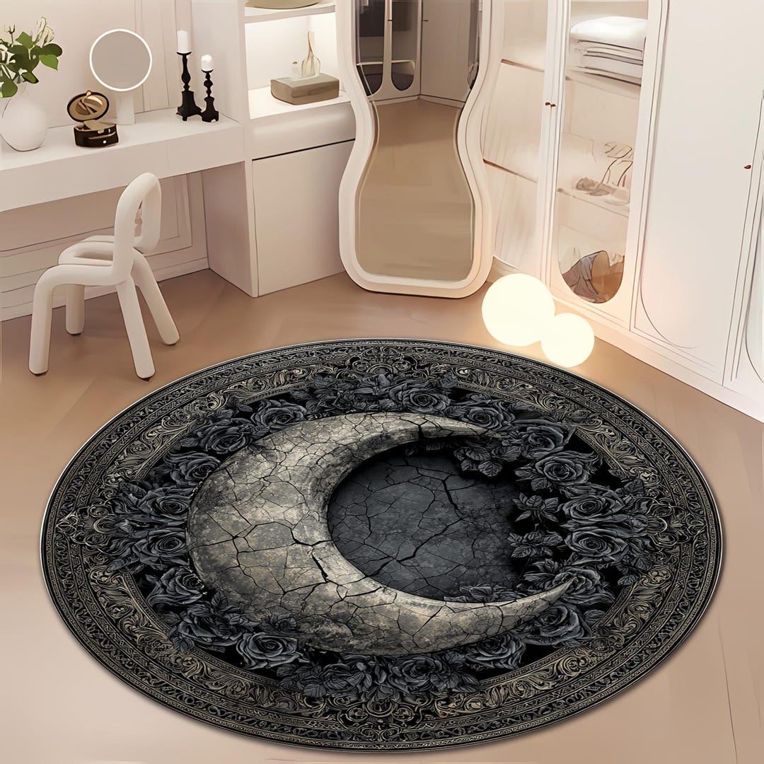 Gothic Crescent Moon Round Rug With Black Rose Baroque Design for Dark ...