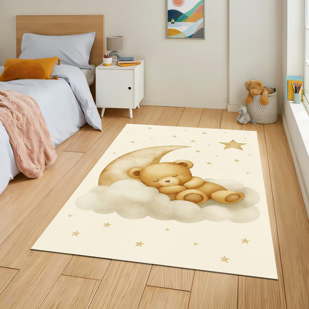 Cute Teddy Bear Nursery Rug Baby Room Carpet With Moon and Stars, Soft ...