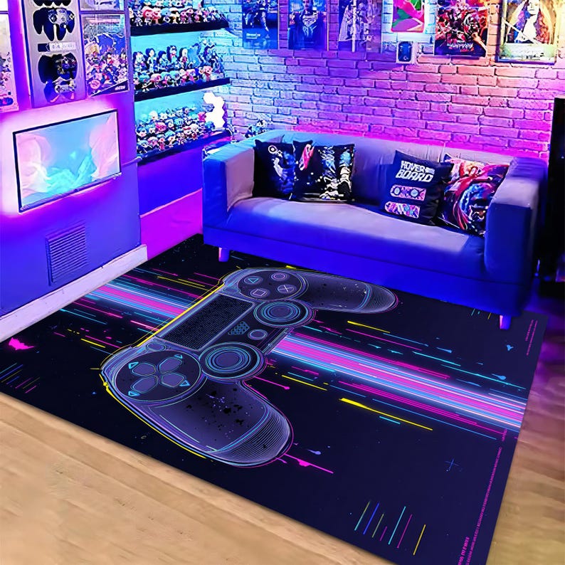 Neon Glow Gamer Room Rug – Large Futuristic Game Controller Area Mat ...