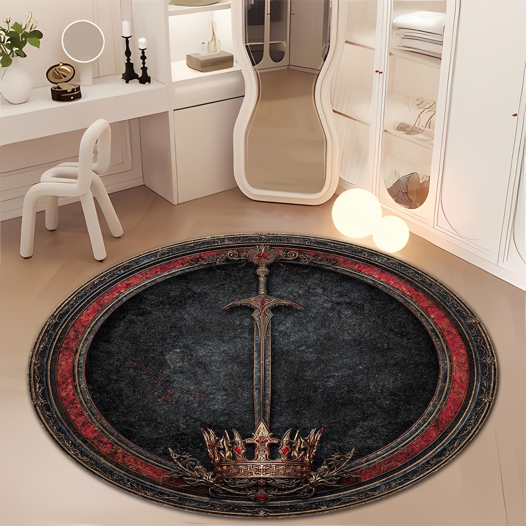 Medieval Crown and Sword Round Rug – Royal 3D Design Carpet, Gothic ...