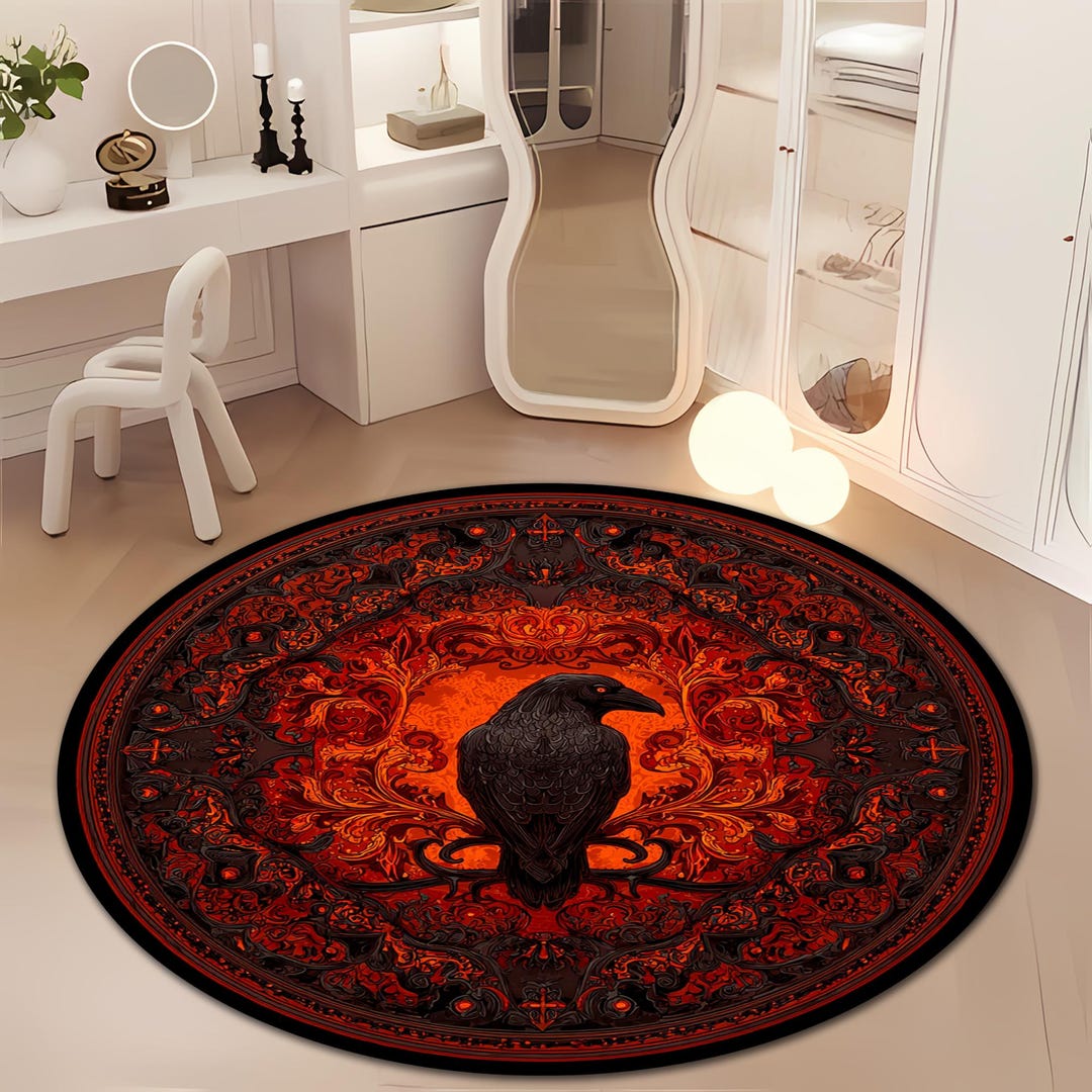Gothic Raven Round Rug | Dark Ornamental Mandala Carpet | Mystic Occult ...