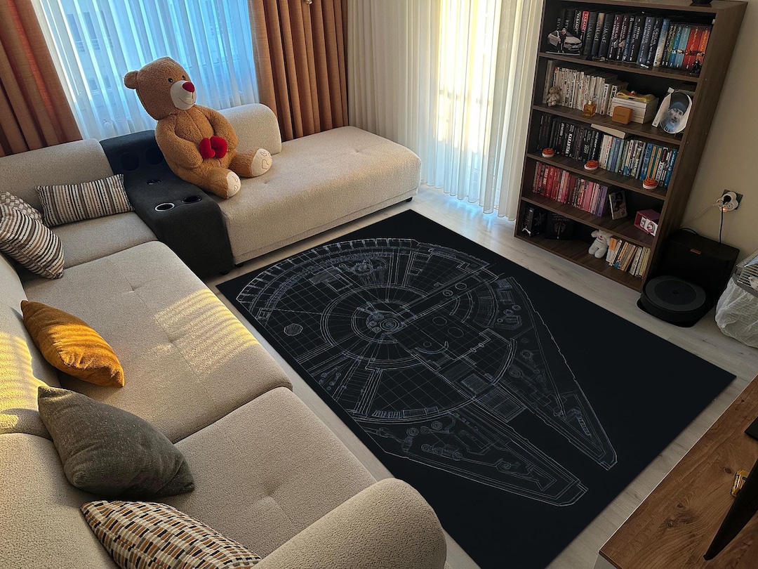 Millennium Blueprint Space Rug – Black Sci-fi Starship Area Carpet ...