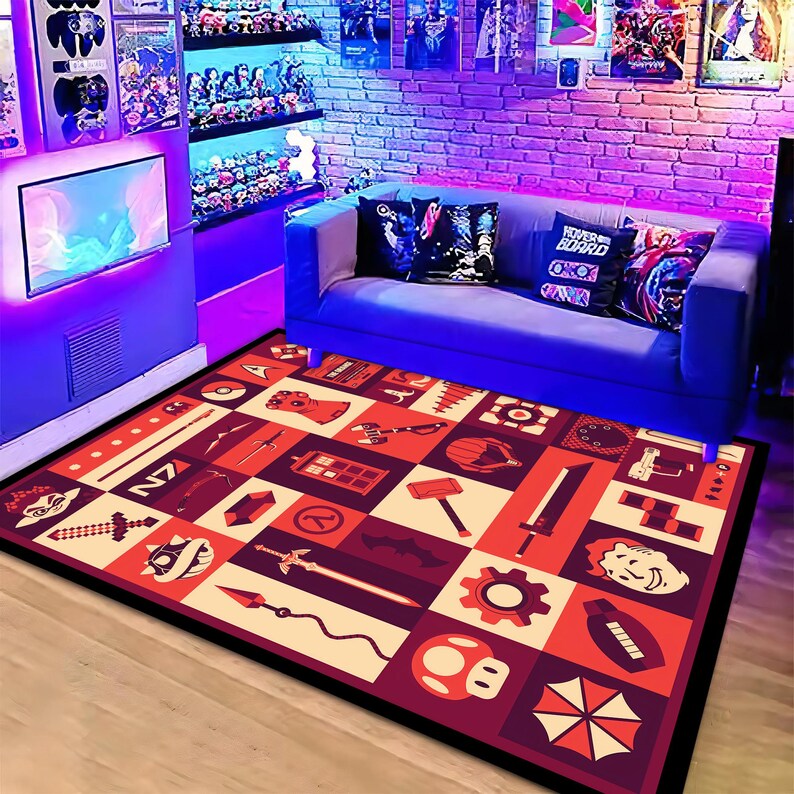 Gamer Icon Area Rug for Gaming Room – Soft Modern Rug With Geek Symbols ...