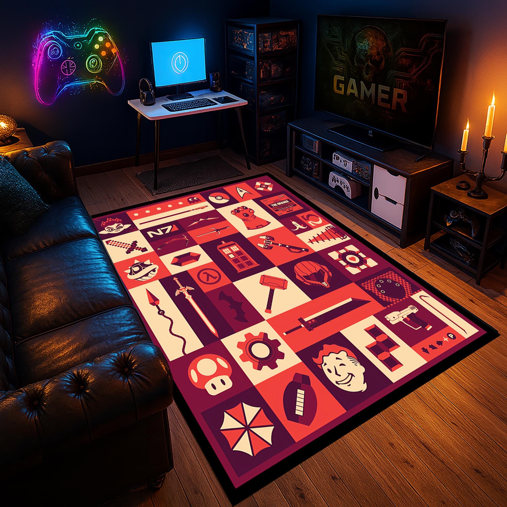 Gamer Icon Area Rug for Gaming Room – Soft Modern Rug With Geek Symbols ...