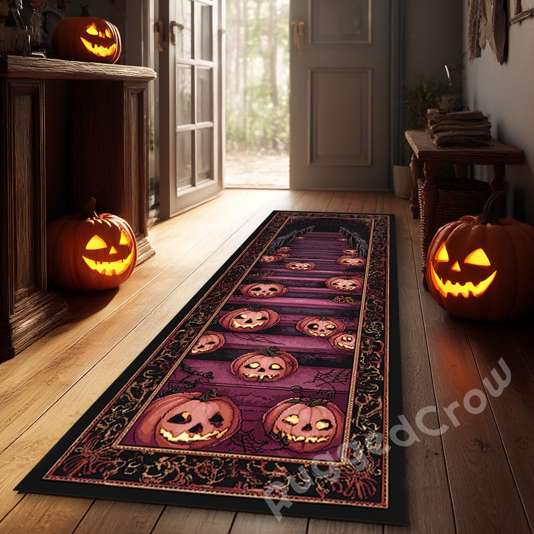 Halloween Pumpkin Runner Rug, Gothic Jack O Lantern Carpet for Hallway ...