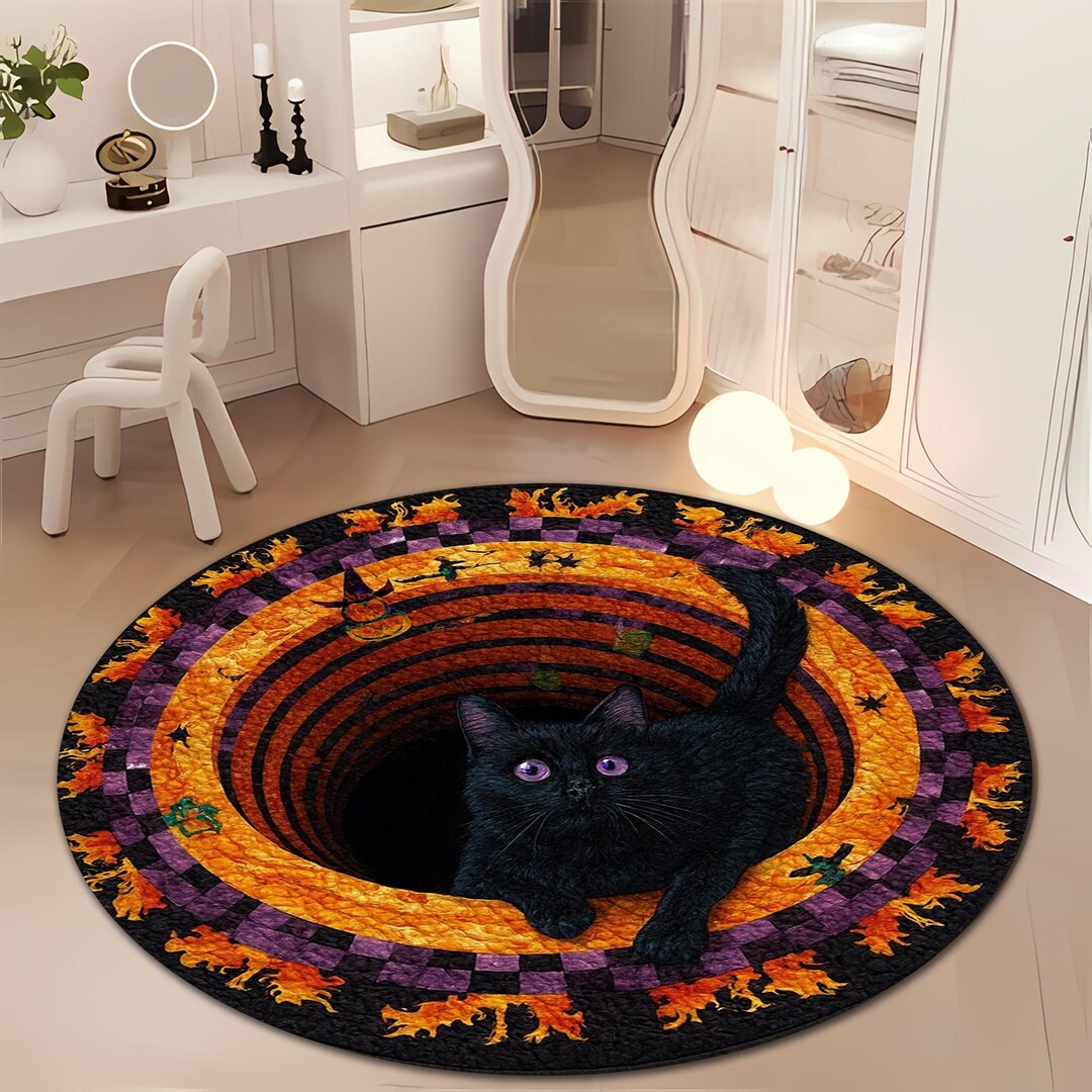Optical Illusion Round Cat Rug 3D Black Cat Carpet for Living Room ...