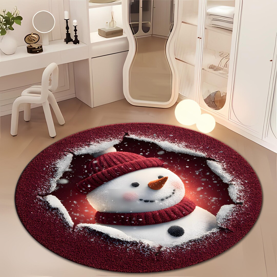 Snowman Round Christmas Rug | Red Winter Holiday Carpet | Cozy Festive ...
