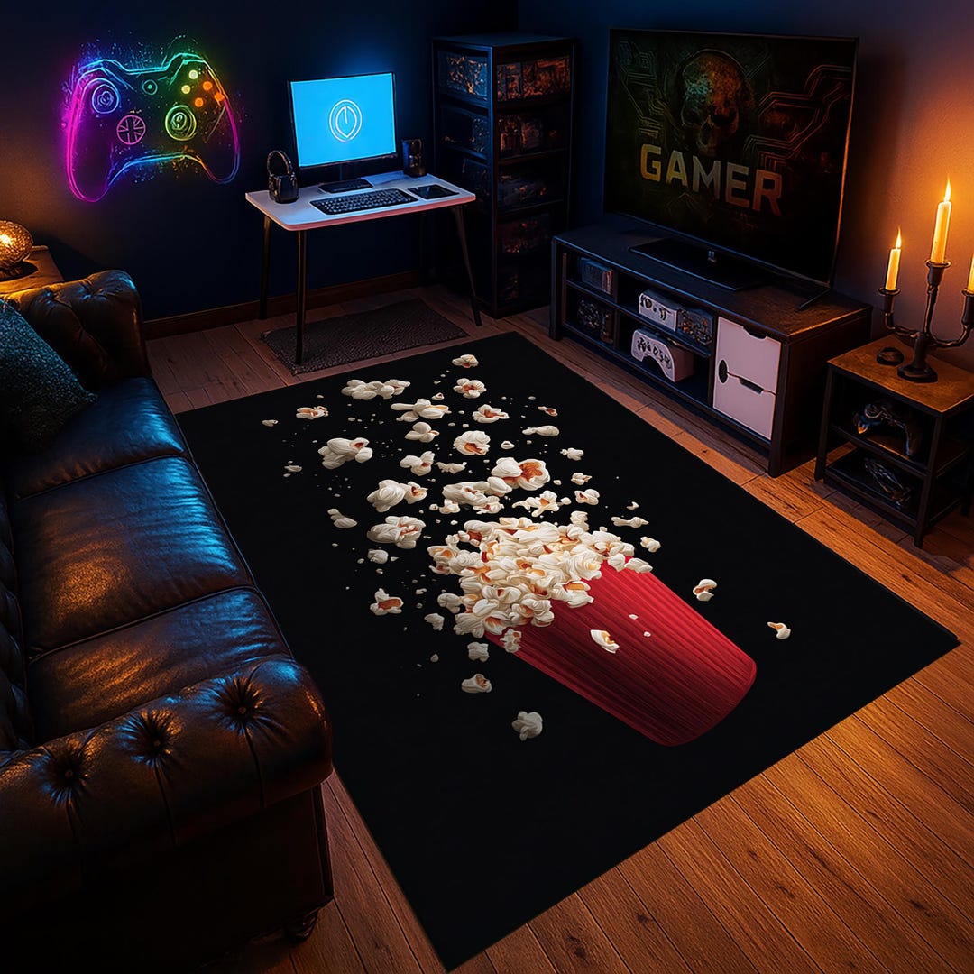 Gamer Room Popcorn Rug Black Red | Funny Movie Night Carpet | 3D Spill ...