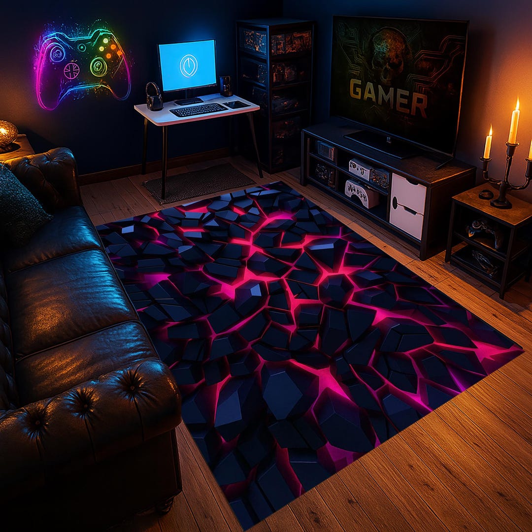 3D Lava Rock Gamer Rug for RGB Room – Futuristic LED Look Carpet for ...