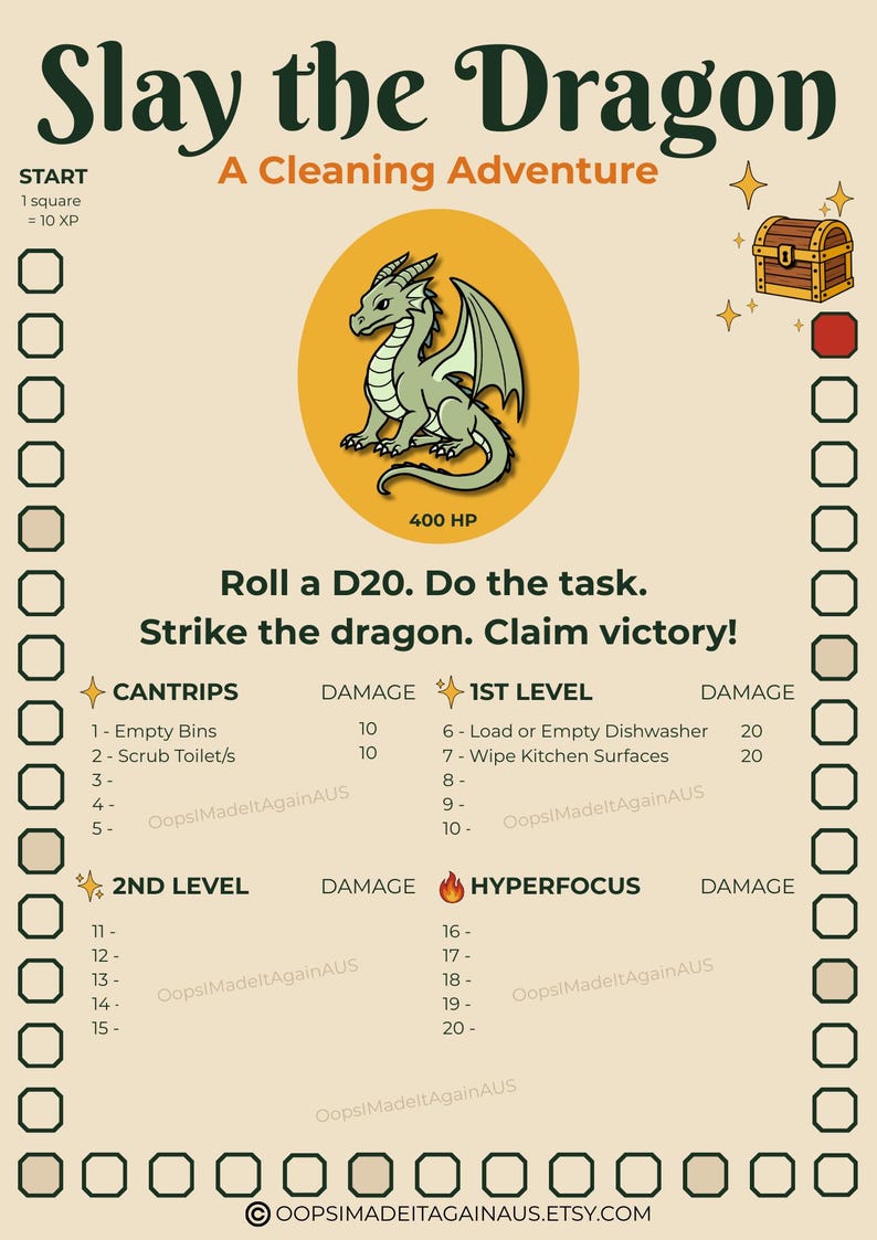 Slay the Dragon | ADHD Cleaning Quest Sheet | Fantasy RPG Chore Tracker ...