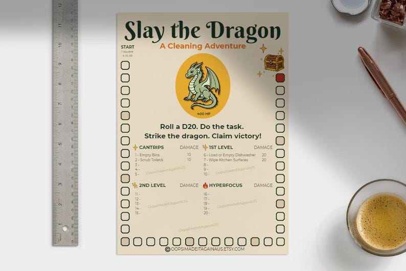 Slay the Dragon | ADHD Cleaning Quest Sheet | Fantasy RPG Chore Tracker ...