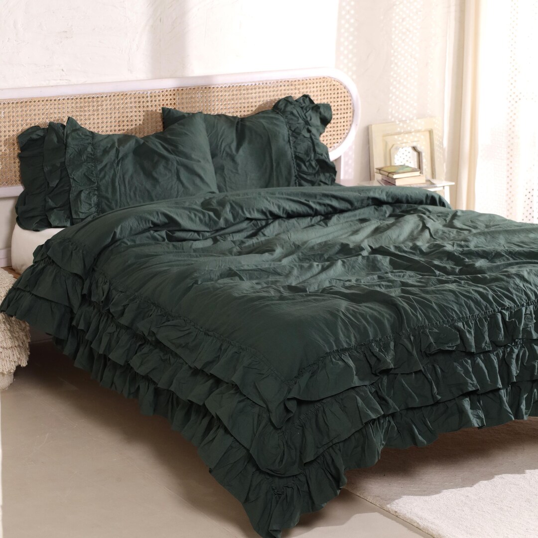 Forest Green Ruffle Cotton Duvet Cover Set – Boho Farmhouse Bedding - Etsy