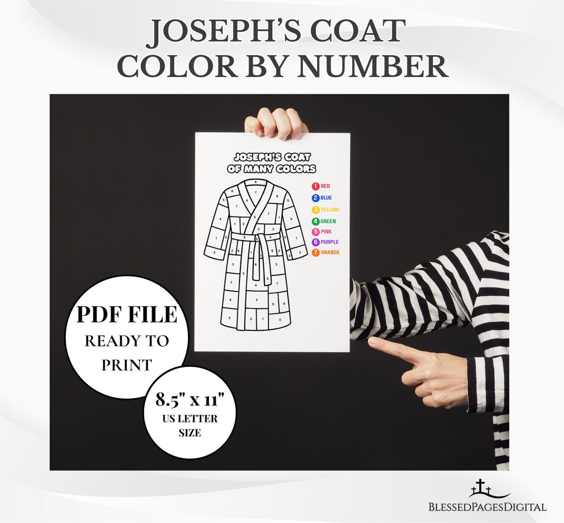 Joseph's Coat Color by Number: Printable Bible Activity Sheet (PDF ...