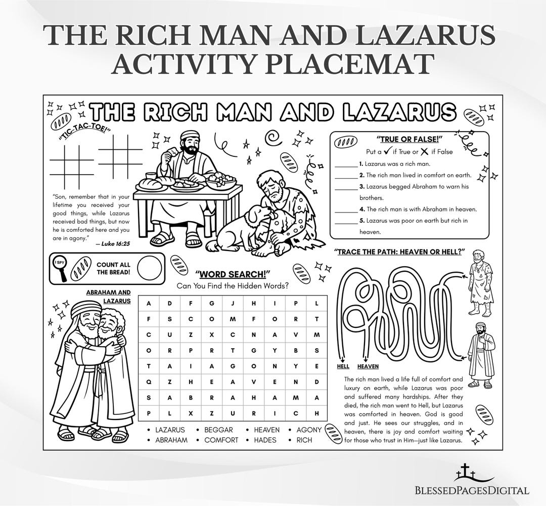 The Rich Man and Lazarus Bible Activity Placemat: Sunday School ...
