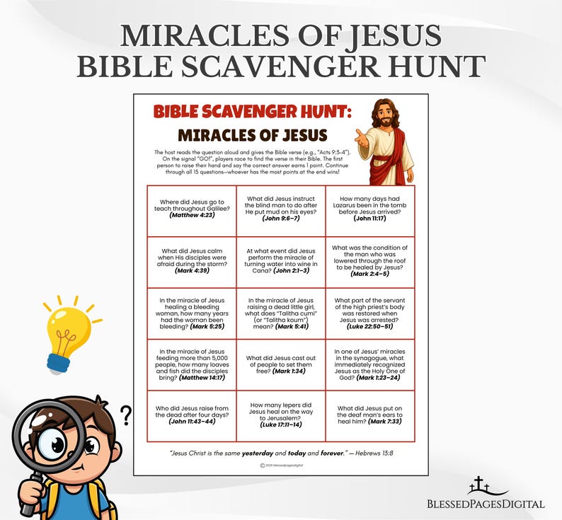 Miracles of Jesus Bible Scavenger Hunt: New Testament Church Game (PDF ...