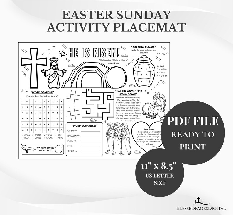 He is Risen Bible Activity Placemat: Easter Sunday School Coloring Page ...