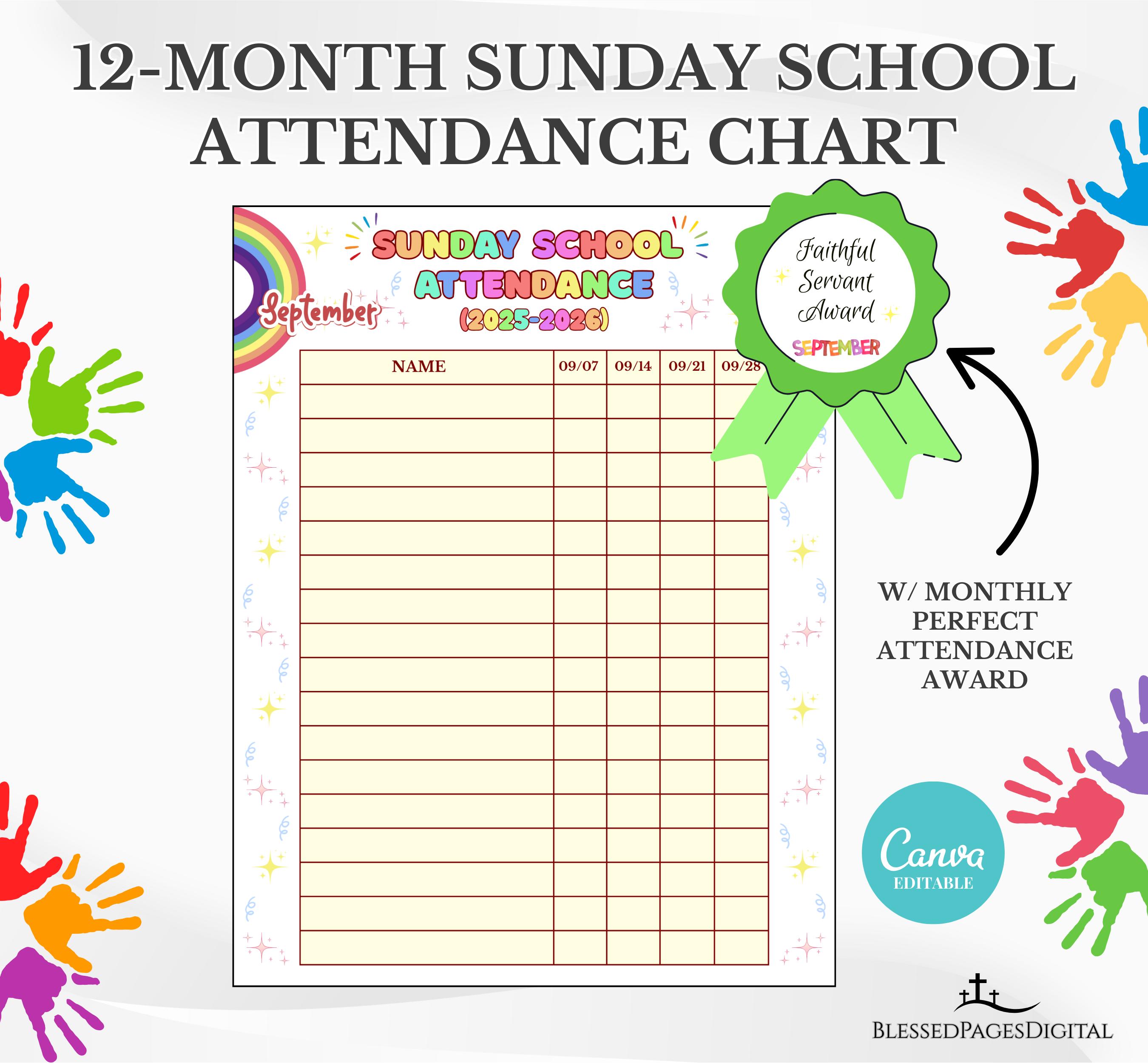 Editable Sunday School Attendance Chart 2025-2026: Monthly Award ...