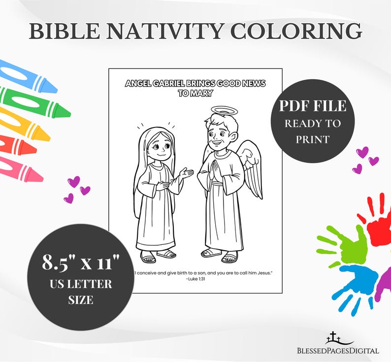 Angel Gabriel Visits Mary Bible Nativity: Sunday School Coloring Page ...