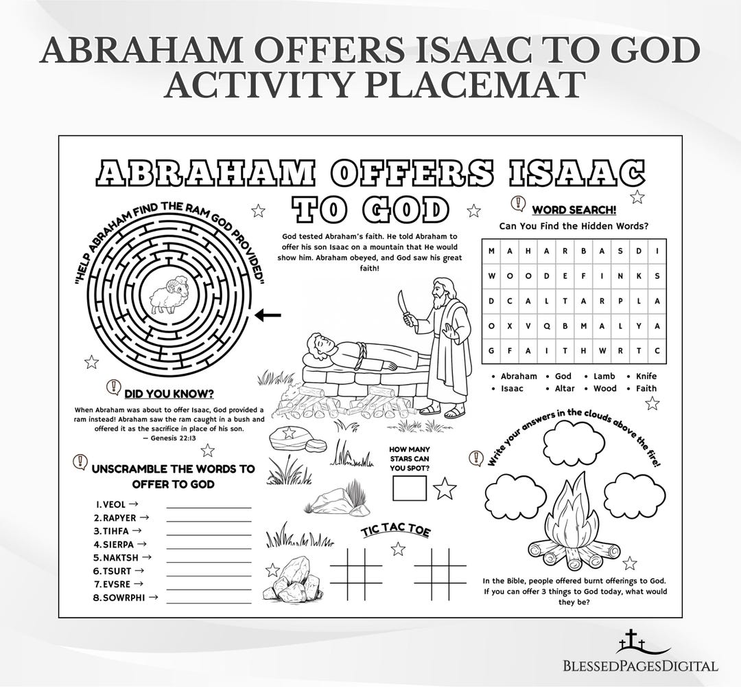 Abraham and Isaac Activity Placemat: Sunday School Bible Coloring (PDF ...