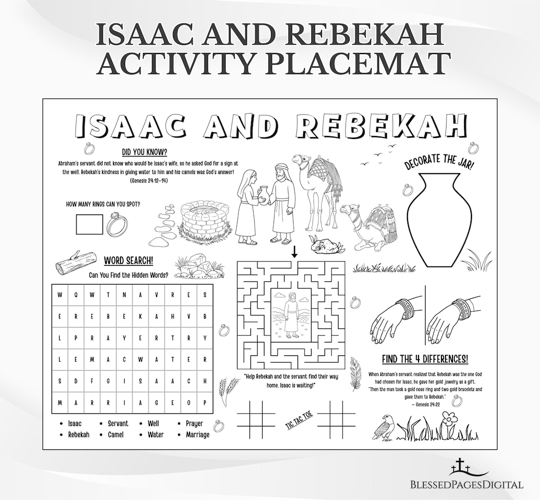 Isaac and Rebekah Activity Placemat: Bible Story Coloring Page (PDF ...