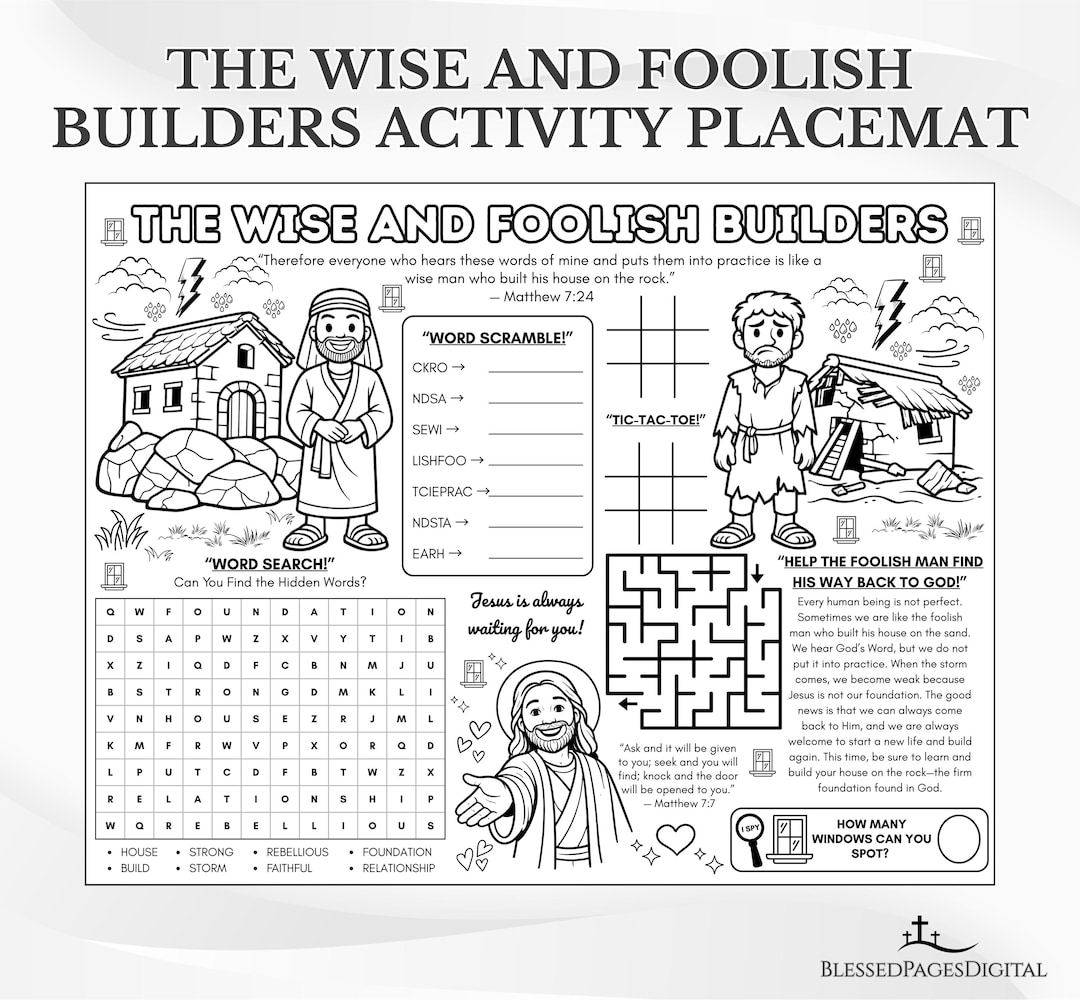 The Wise and Foolish Builders Bible Activity Placemat: Sunday School ...