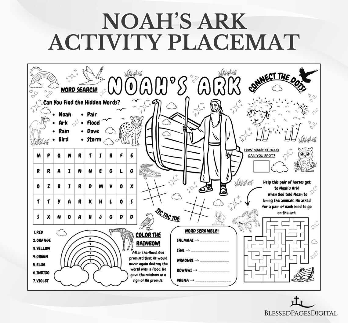 Noah's Ark Activity Placemat: Printable Bible Story Coloring Page (PDF ...