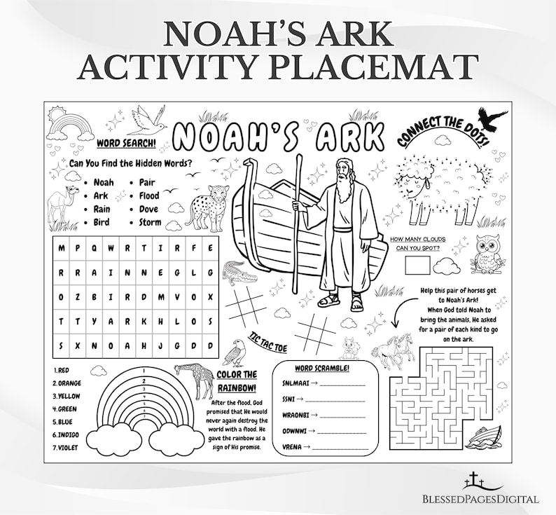 Noah's Ark Activity Placemat: Printable Bible Story Coloring Page (PDF ...