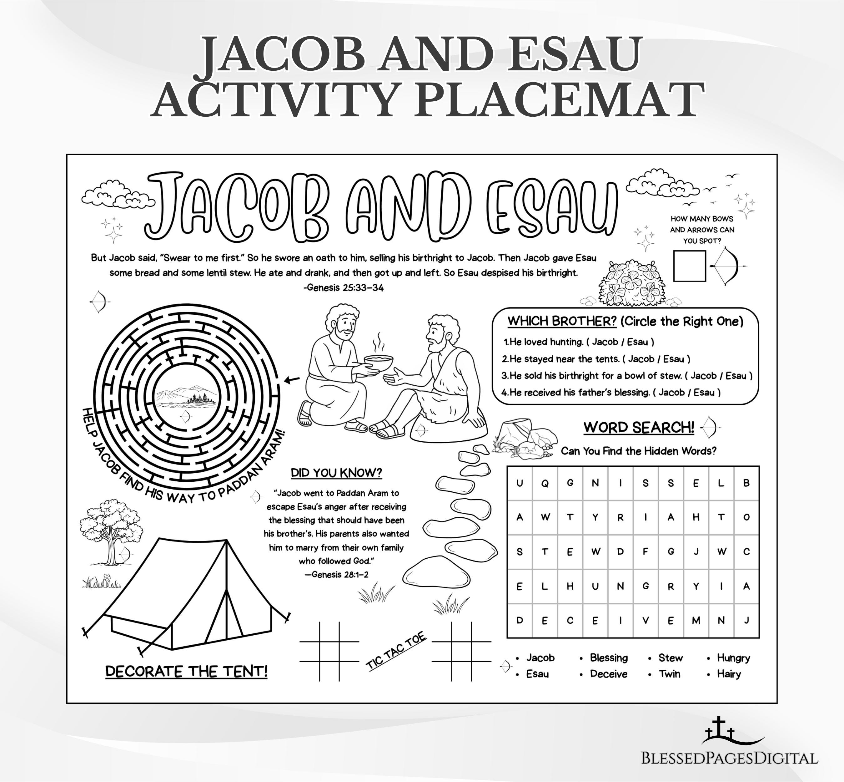 Jacob and Esau Bible Activity Placemat: Sunday School Coloring Page ...