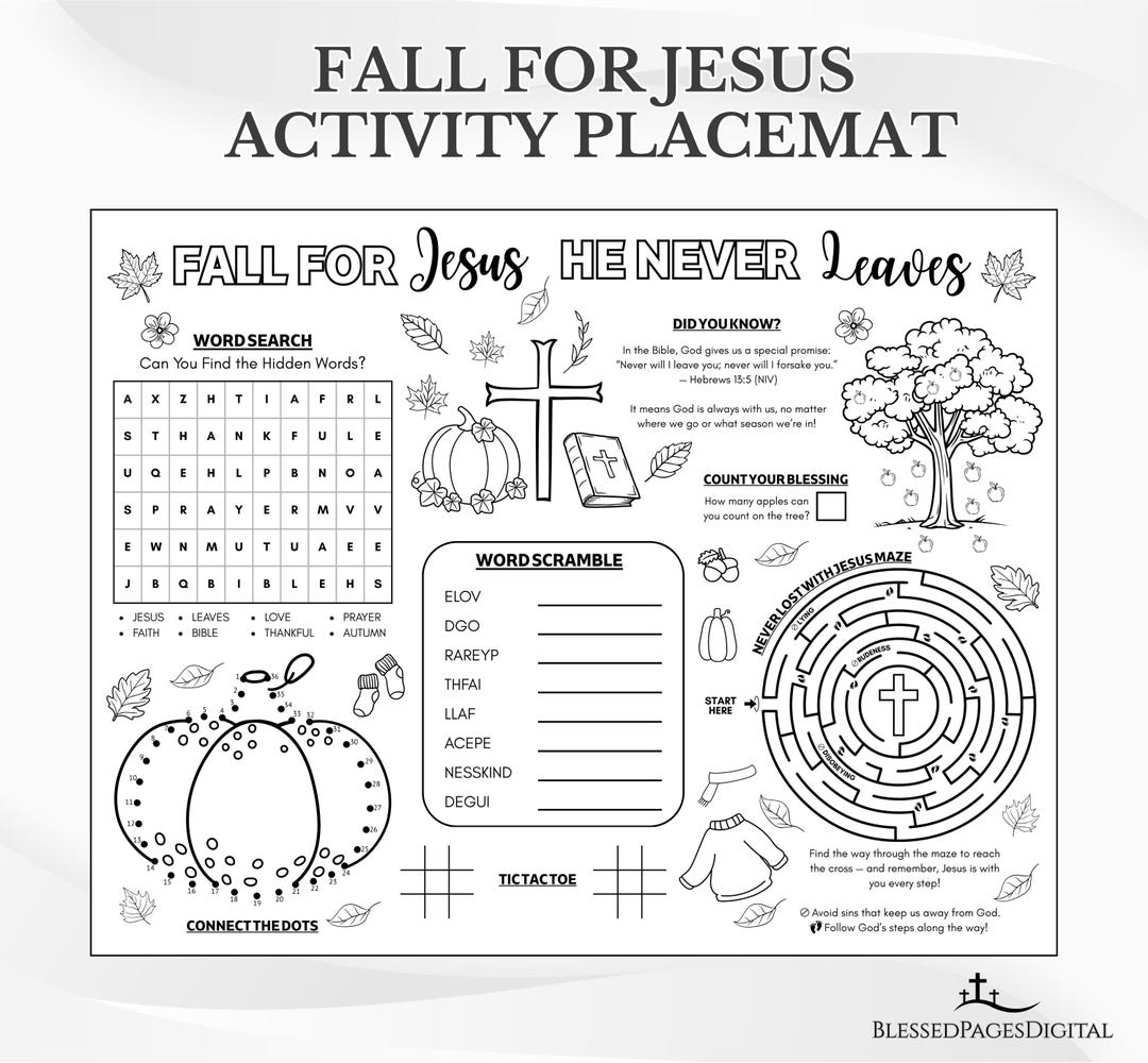 Fall for Jesus He Never Leaves Bible Activity Placemat: Thanksgiving ...