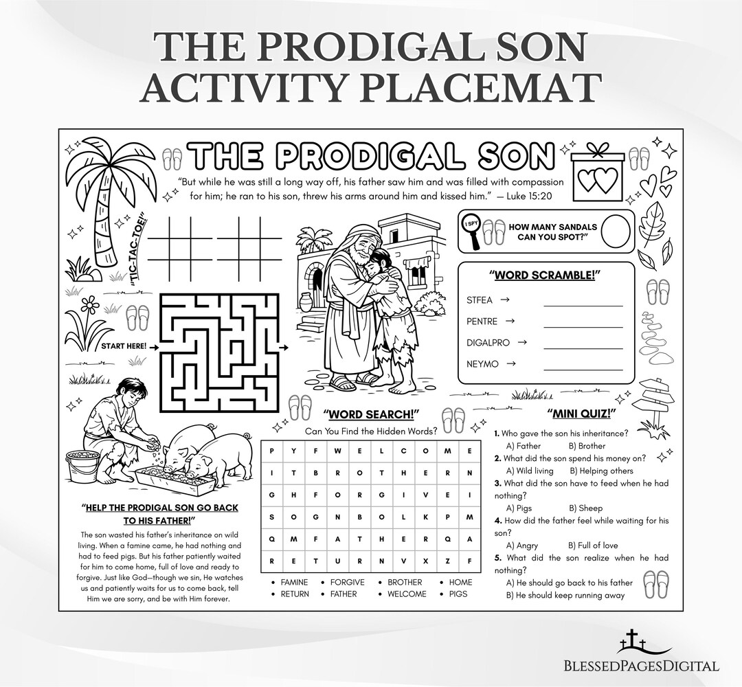 The Prodigal Son Bible Activity Placemat: Sunday School Coloring Page ...