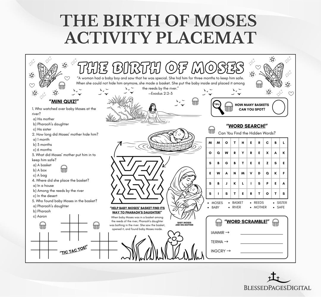 The Birth of Moses Bible Activity Placemat: Sunday School Coloring Page ...