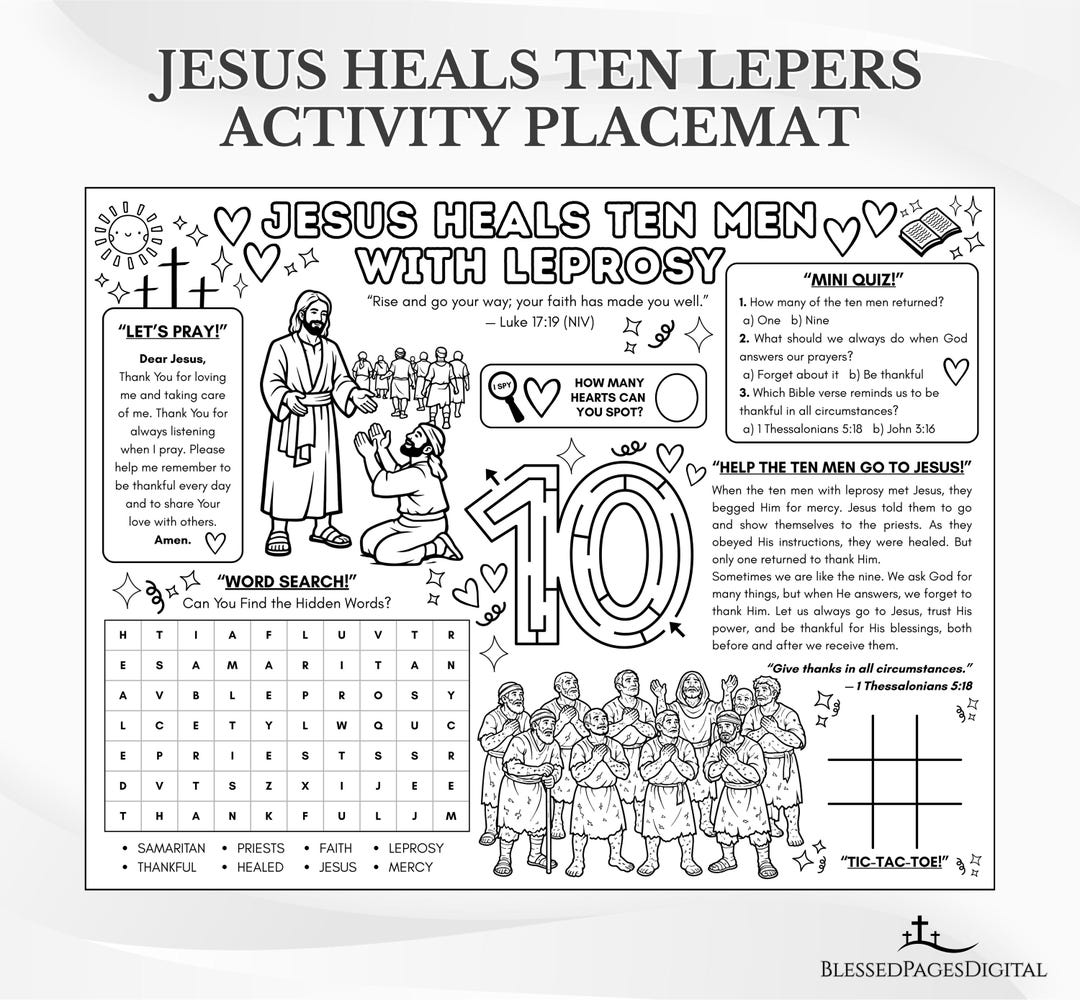 Jesus Heals Ten Lepers Bible Activity Placemat: Sunday School Coloring ...