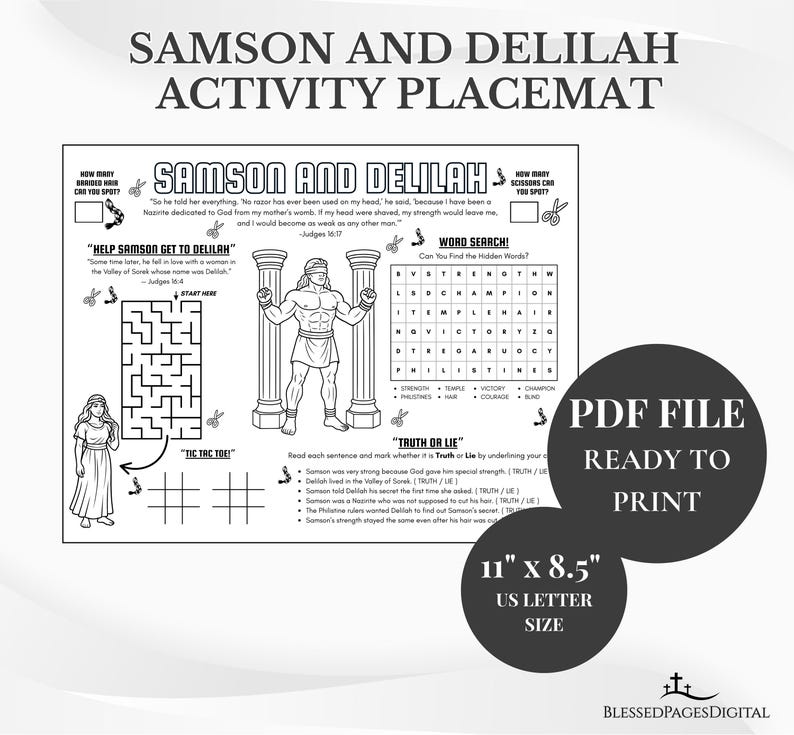 Samson and Delilah Activity Placemat: Sunday School Coloring Page (PDF ...