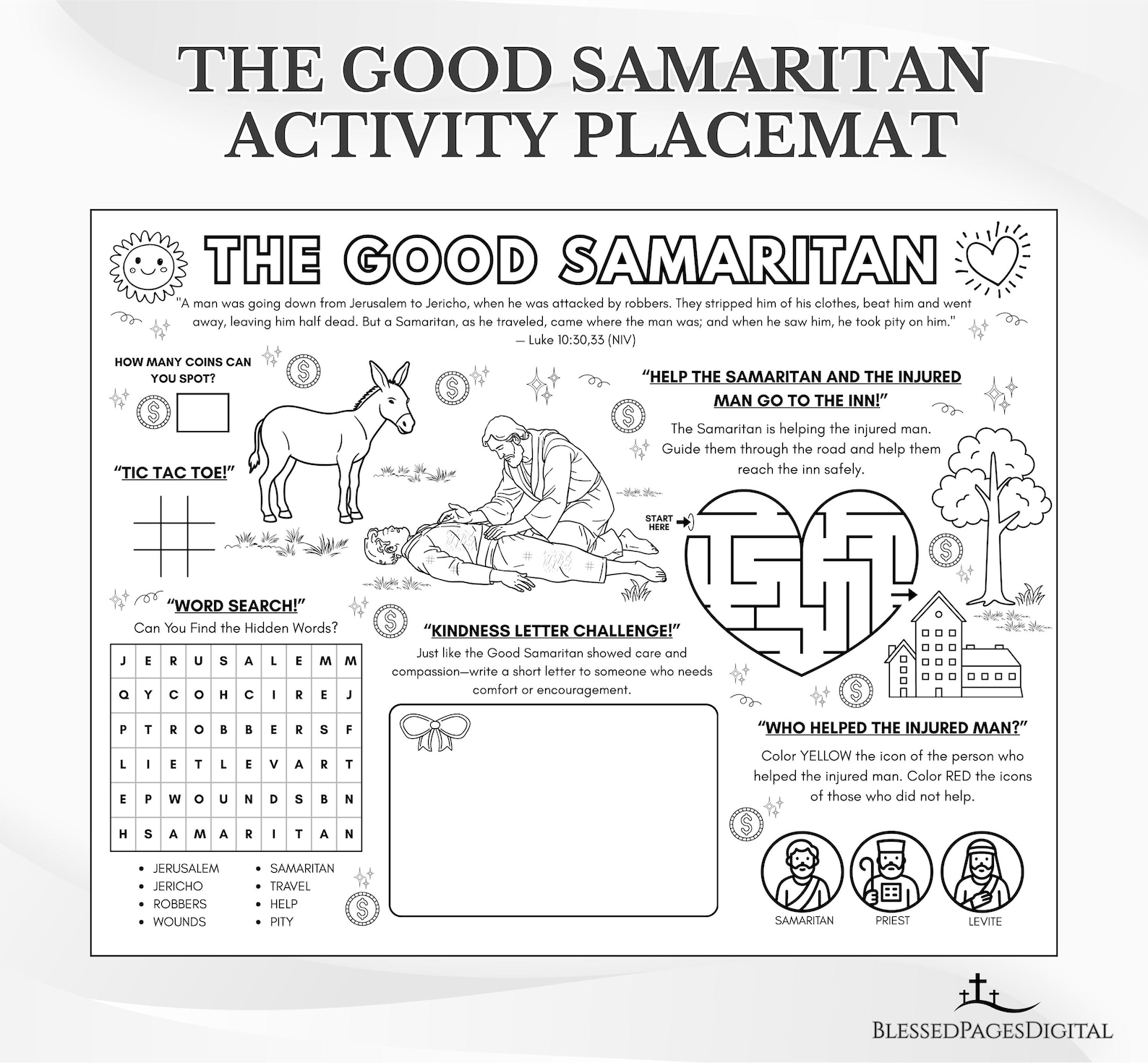 The Good Samaritan Bible Activity Placemat: Sunday School Coloring Page ...