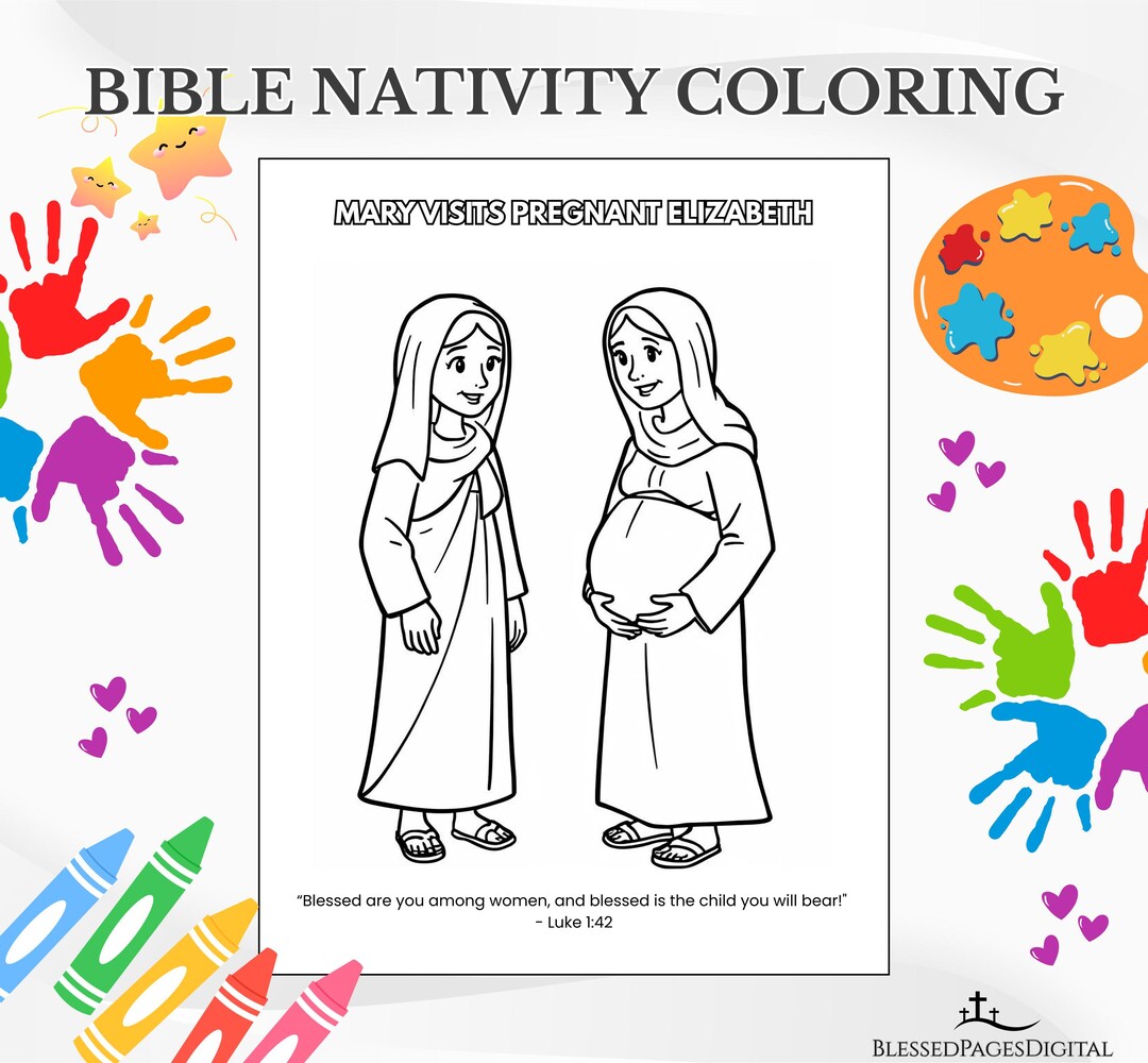 Mary Visits Elizabeth Bible Nativity: Sunday School Coloring Page (PDF ...